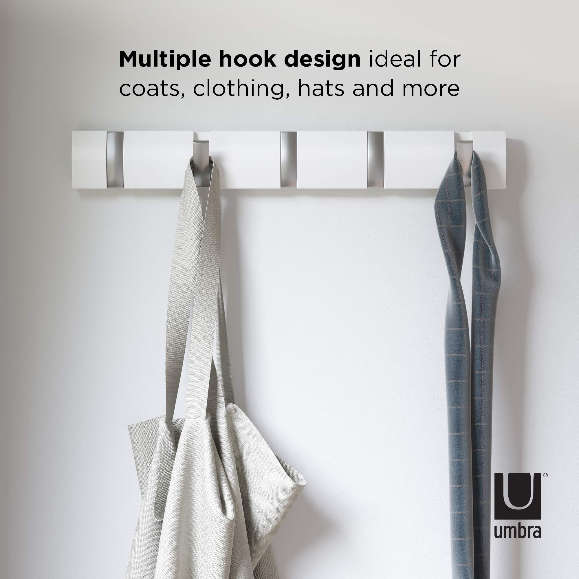 Umbra Flip Wall Mounted Floating Rack – Modern, Sleek, Space-Saving Hanger with Retractable Hooks to Hang Coats, Scarves, Purses and More, 5, White