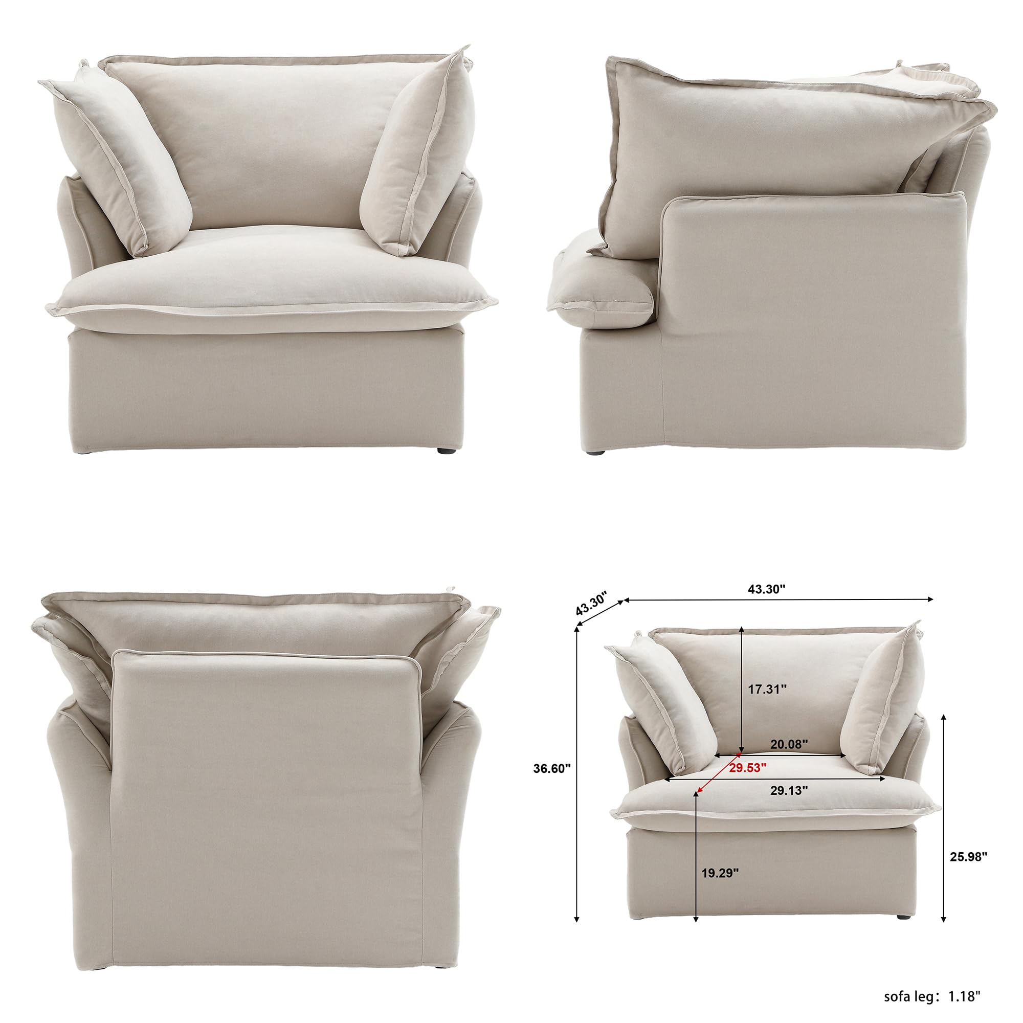 MGH Modular Sectional Sofa with Thick Cushion, 2-Seat Modern Comfy Cloud Couch,Minimalist LoveSeat Deep Seat Couches for Living Room and Apartment(Beige,2Seater)