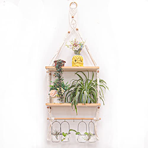 TENEWEE Wall Hanging Shelves with Hooks - 2 Tier Macrame Boho Floating Plant Photos Storage Rack Wood Shelf for Bedroom Living Room Bathroom