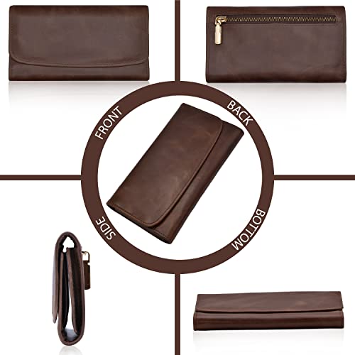 Leather SR Womens Leather Wallet Large Trifold Genuine Brown Leather Wallets for Women RFID Blocking Ladies Multi Card Holder Iphone 14 Compatible, 13 Credit Card Slots, 4 Cash Compartment, 7.7”x4.3”