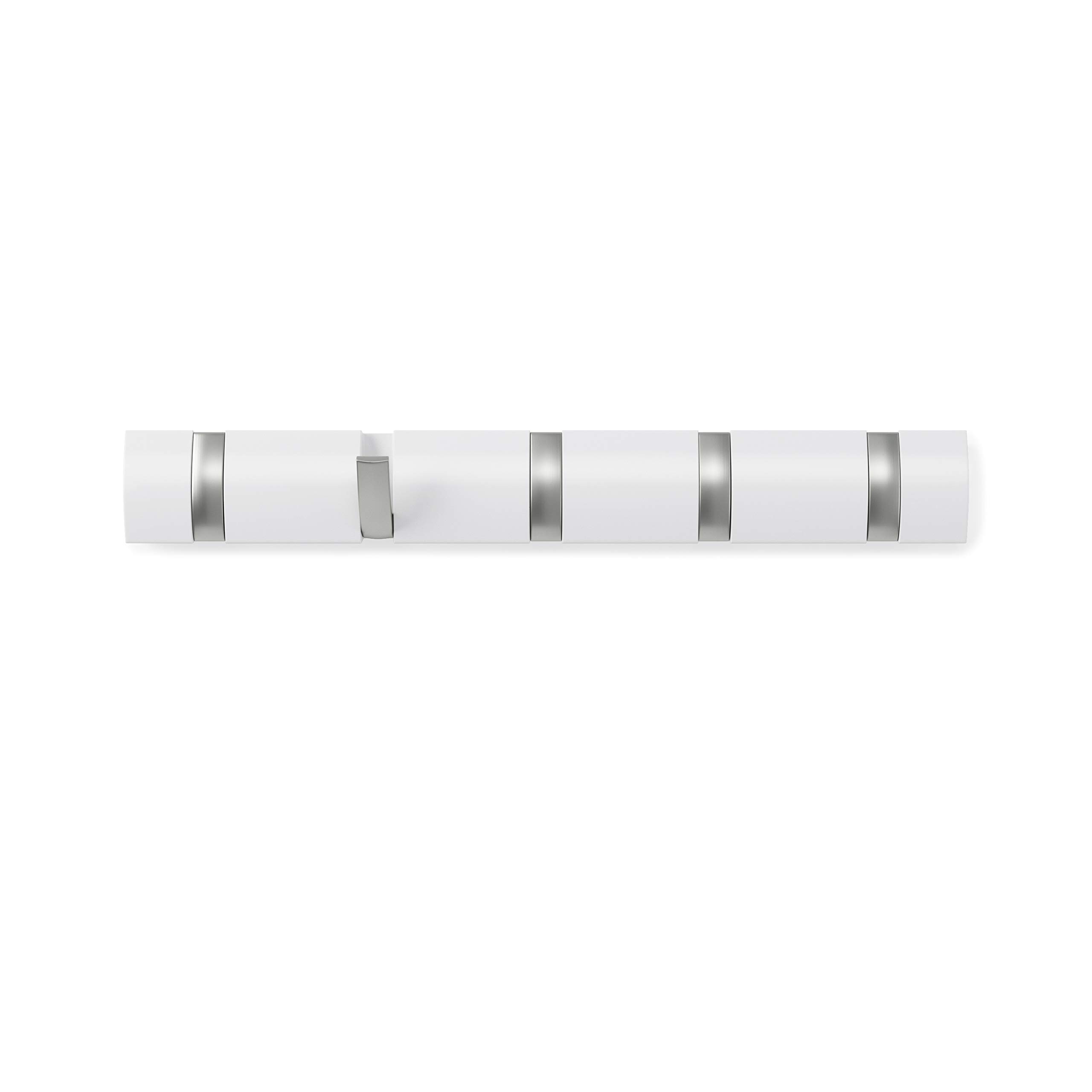 Umbra Flip Wall Mounted Floating Rack – Modern, Sleek, Space-Saving Hanger with Retractable Hooks to Hang Coats, Scarves, Purses and More, 5, White