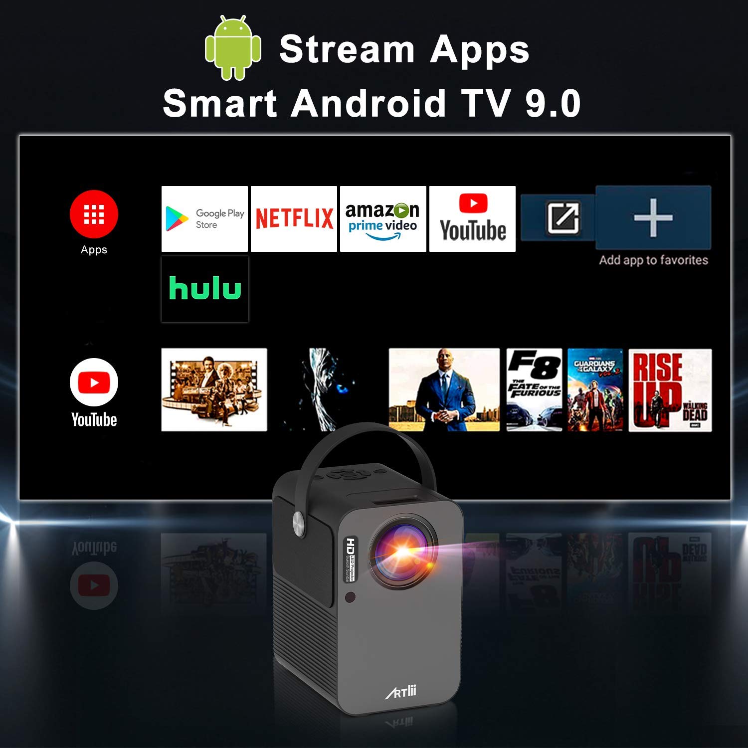 Smart Projector Android TV 9.0, Artlii Play WiFi Bluetooth Projector, Native 1080p Full HD Supported, Stereo Sound, 4D±45° Correction, Outdoor Projector with Built-in Netflix, YouTube, Prime Video