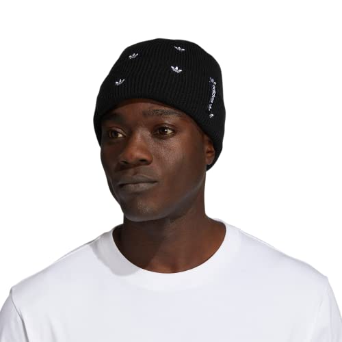 adidas Originals AOP Embroidery Cuff Fold Beanie, Black/Black/White, One Size