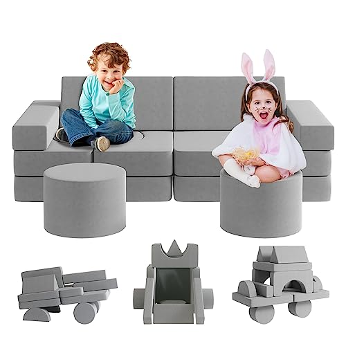 Kids Couch 13PCS, Modular Toddler Couch with 2 Ottomans, Fold Out Kids Couch for Playroom Bedroom, Modular Kids Couch for Boys and Girls, Kids Play Couch for Kids(50.5"L×25.2"W×17.3"H) (Gray, M)