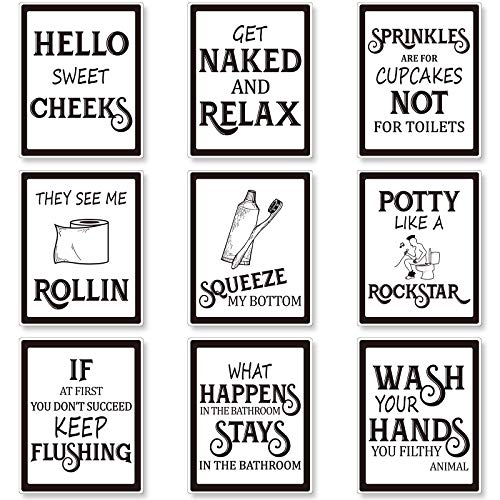 9 Pieces Bathroom Wall Decor, Funny Vintage Bathroom Sign Bathroom Quotes Sayings Art Prints Bathroom Posters for Wall Restroom Bathroom Decor Pictures, Unframed (Black Font)