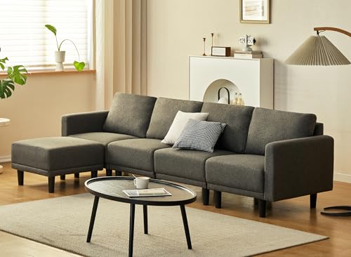 Mxfurhawa Modular Sectional Sofa with Ottoman, 128.6" Oversized L Shaped Couch with Reversible Chaise, Convertible Velvet Sleeper Couch for Living Room (Linen - Dark Grey, 4 Seat + 1 Ottoman)