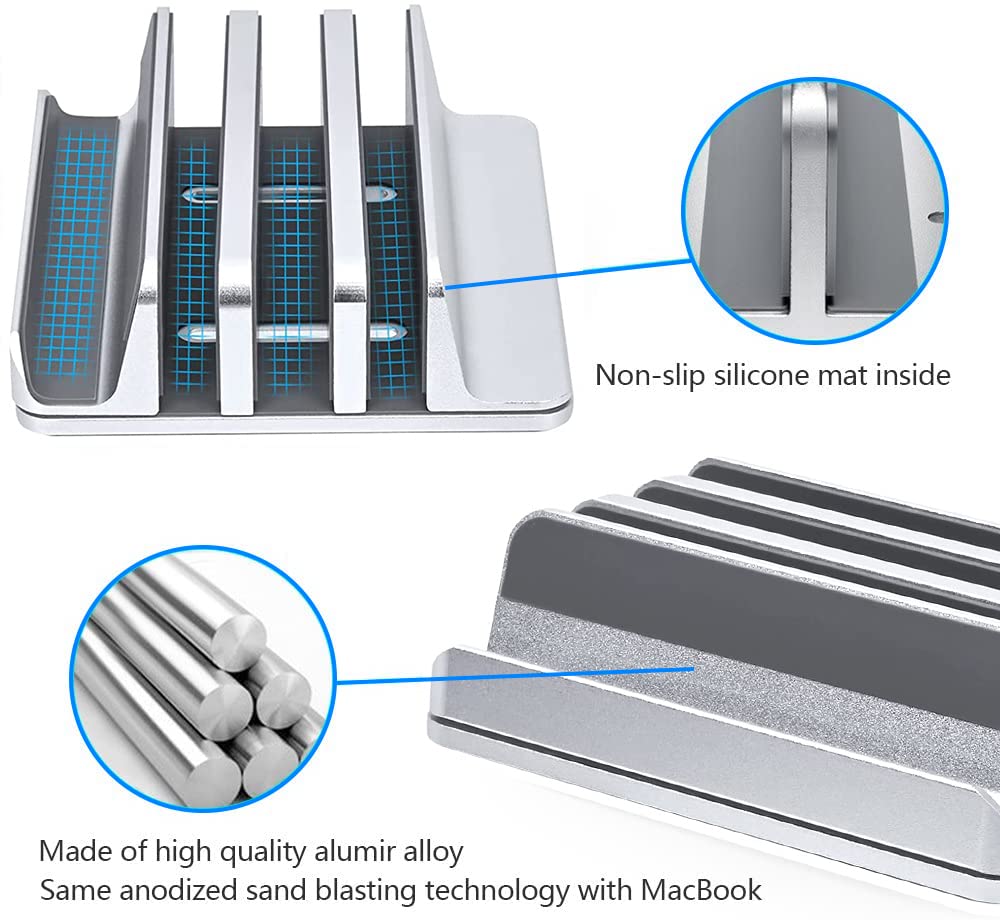 Syslux Vertical Laptop Stand [Upgrade Version], 3 Slots Space-Saving Aluminum Desktop Stand Holder with Adjustable Dock Size,Compatible with All MacBook/Surface/Lenovo/Dell/Gaming Laptops (Silver)