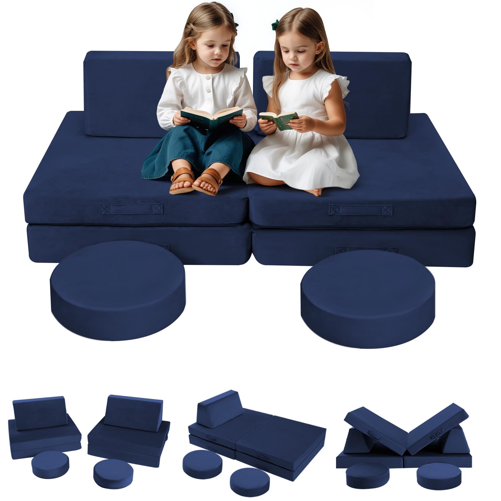 MeMoreCool Modular Kids Couch for Playroom, Navy Foam Play Couch for Toddlers, Building Fort Explorer Sofa