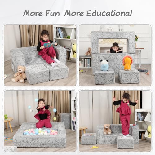 MOMCAYWEX 3pcs Kids Play Couch for Toddler, Glow in The Dark 3-in-1 Kids Couch Fold Out, Imaginative Kids Couch Play Set, Grey