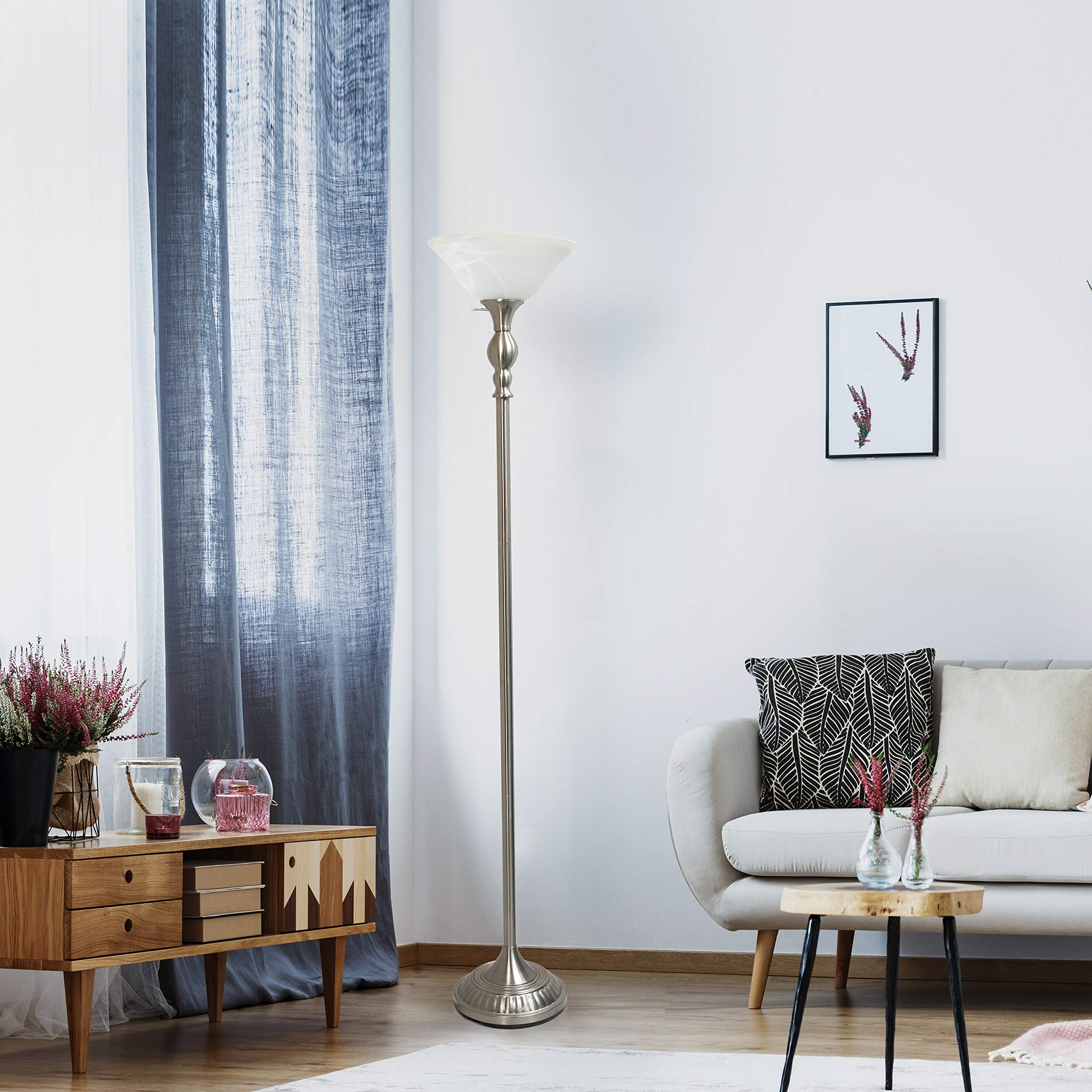 Elegant Designs LF2001-RBZ 1 Light Restoration Bronze Torchiere Floor Lamp with Marbelized Amber Glass Shade