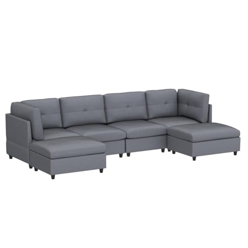 linor Modern U Shaped Convertible Sofa Couch, 118'' Modular Sectional Sofa with Tufted Back Cushion, 6 Seat Oversized Sectionals Sofa Couch with Ottomans for Living Room (Linen,Gray)