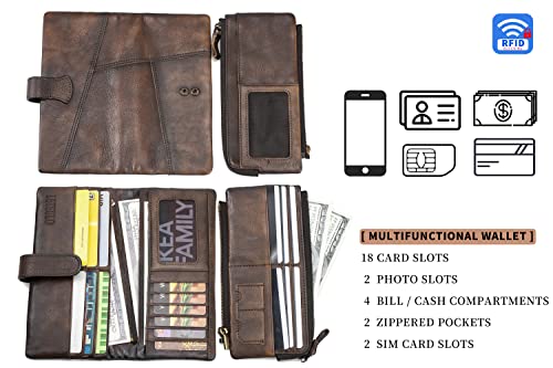 VRHUIS Women RFID Blocking Wallet Leather Vintage Large Capacity Credit Card Clutch Coffee
