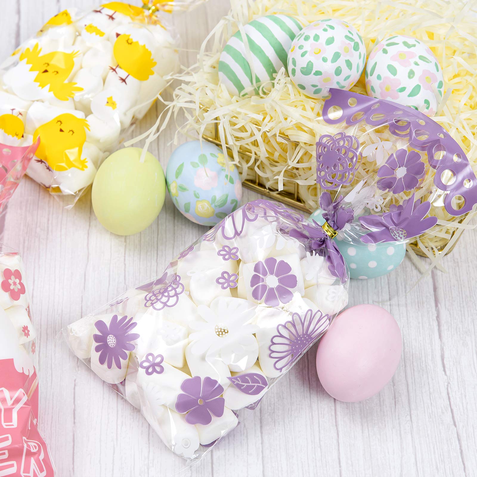 Whaline Easter Cellophane Party Bags 160pcs Bunny Easter Egg Treat Bags with 200pcs Gold Twist Ties Plastic Cello Candy Sweet Bags Gift Bags Chick Flower Bags for Easter Party Table Decor, 4 Designs