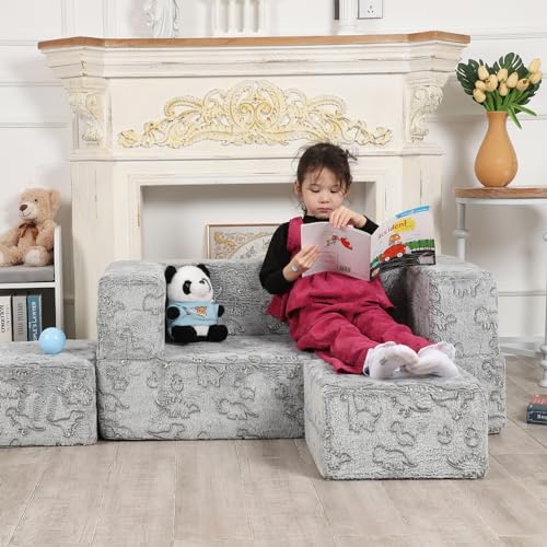 MOMCAYWEX 3pcs Kids Play Couch for Toddler, Glow in The Dark 3-in-1 Kids Couch Fold Out, Imaginative Kids Couch Play Set, Grey