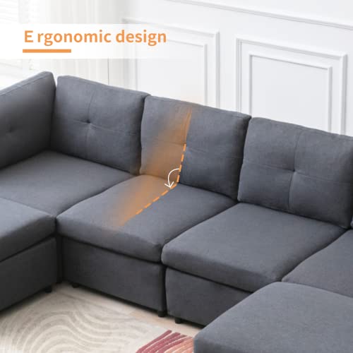 linor Modern U Shaped Convertible Sofa Couch, 118'' Modular Sectional Sofa with Tufted Back Cushion, 6 Seat Oversized Sectionals Sofa Couch with Ottomans for Living Room (Linen,Gray)