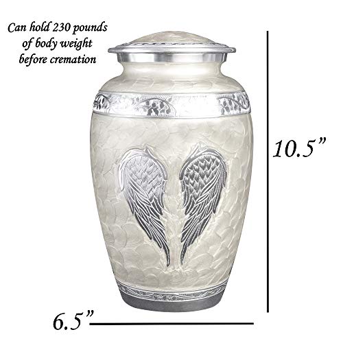 Custom Engraved Angel Wings Funeral Cremation Urn with Velvet Bag (Pearl White, Large)