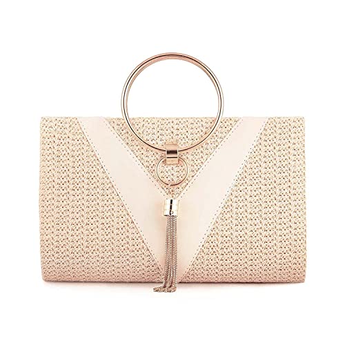JURLEA Women Evening Bag Tassels Clutch Bag Glitter Clutch Purse Wedding Party Straw Clutch with Chain (White - Straw)