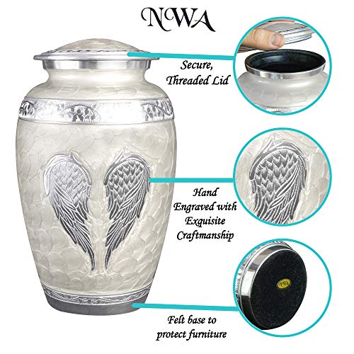 Custom Engraved Angel Wings Funeral Cremation Urn with Velvet Bag (Pearl White, Large)