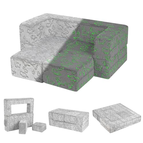 MOMCAYWEX 3pcs Kids Play Couch for Toddler, Glow in The Dark 3-in-1 Kids Couch Fold Out, Imaginative Kids Couch Play Set, Grey