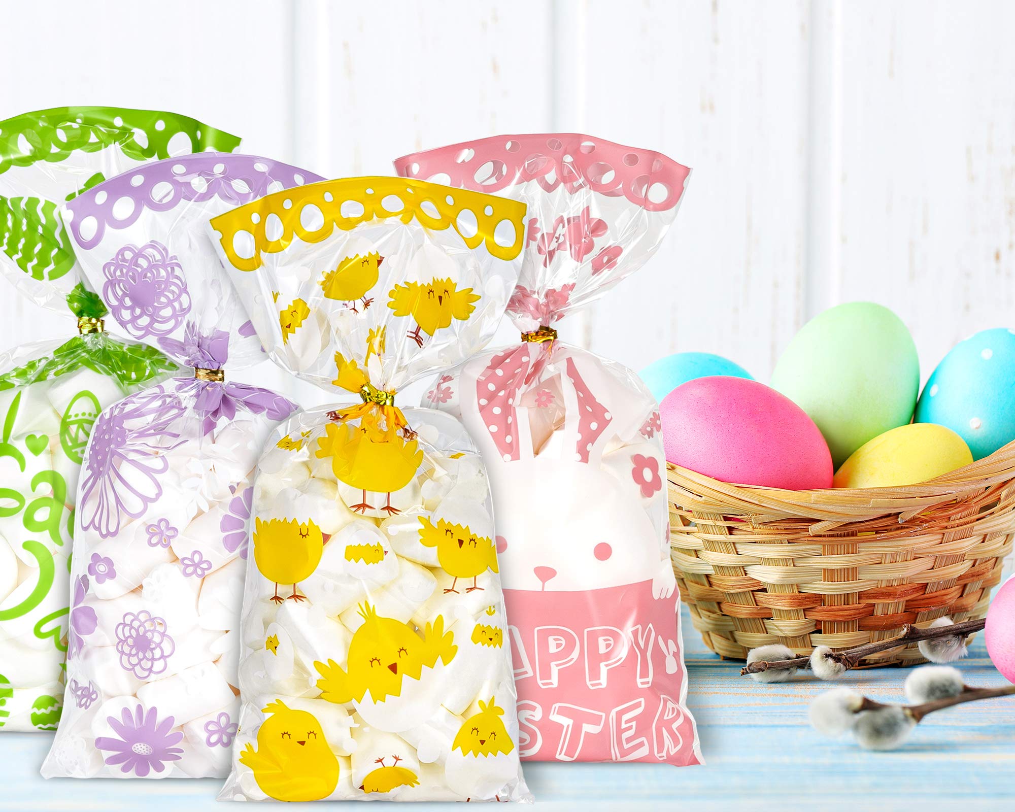 Whaline Easter Cellophane Party Bags 160pcs Bunny Easter Egg Treat Bags with 200pcs Gold Twist Ties Plastic Cello Candy Sweet Bags Gift Bags Chick Flower Bags for Easter Party Table Decor, 4 Designs