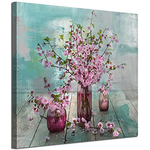 Pink Flower Canvas Wall Art Florals Abstract Spring Picture Teal Turquoise Watercolor Peach Bloosom Painting Artwork Framed for Bathroom Nursery Living Room Bedroom Kitchen Home Office Decor 14"x14"