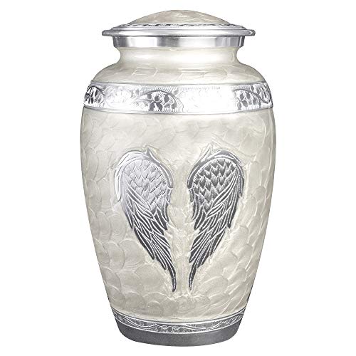 Custom Engraved Angel Wings Funeral Cremation Urn with Velvet Bag (Pearl White, Large)