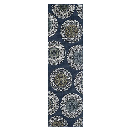 LOOMAKNOTI Havani Anshayo 2' x 7' Blue Medallion Indoor/Outdoor Runner Rug
