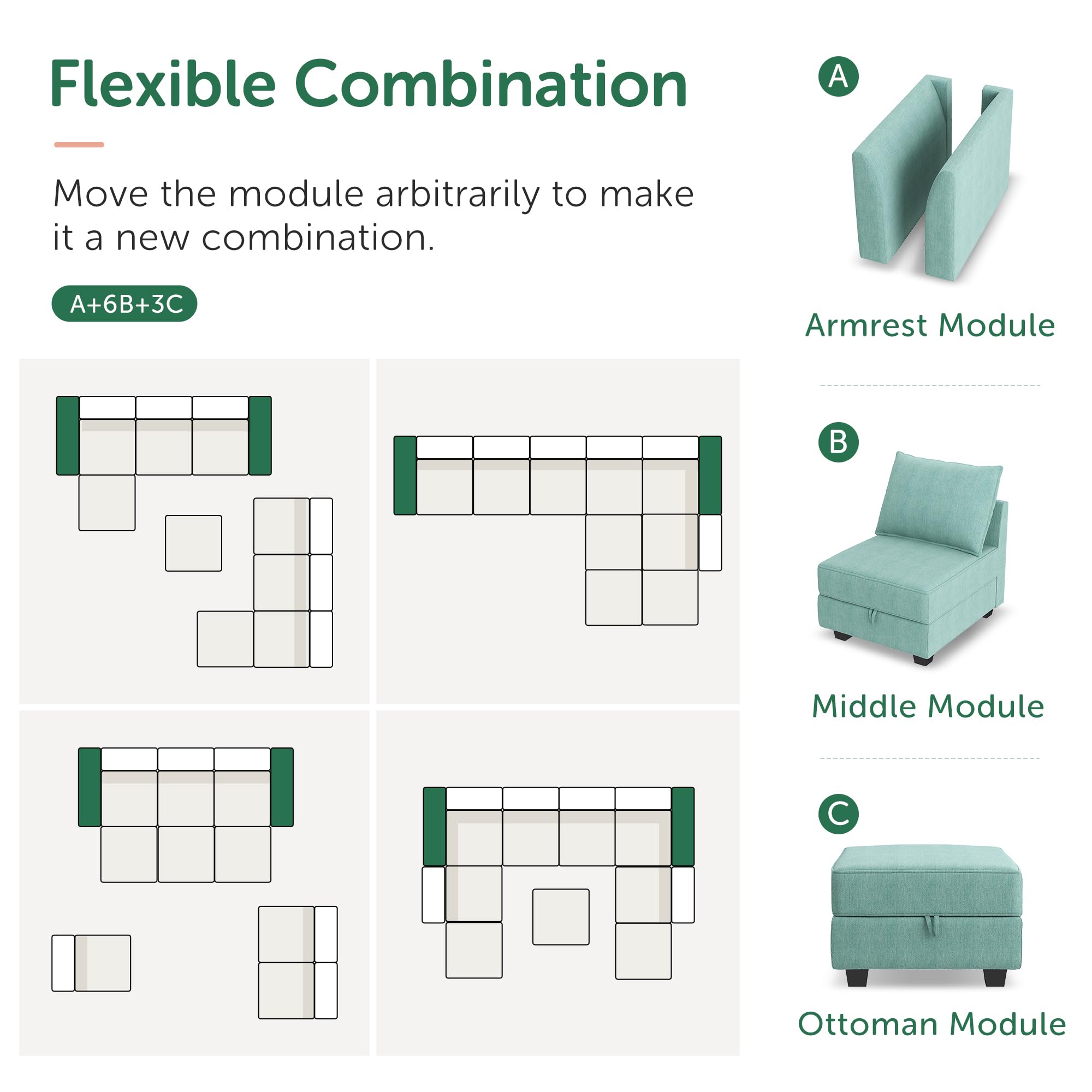 HONBAY Oversized Modular Sectional Sofa with Storage Reversible Sectional Couch Modular Sofa with Chaise U Shaped Sectional Set with Ottoman for Living Room, Aqua Blue