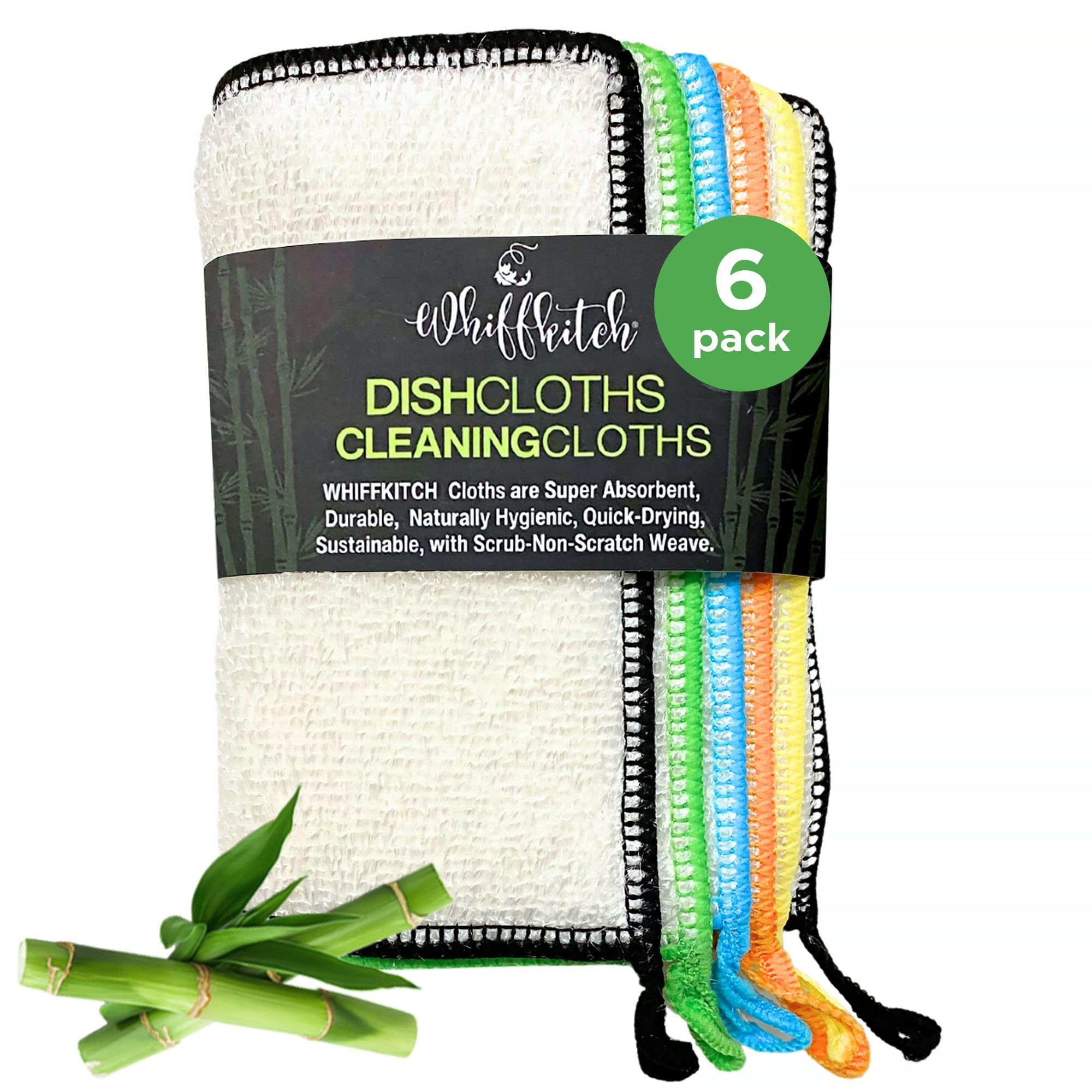 Whiffkitch Bamboo Dishcloths for Kitchen and Multi Surface Cleaning, 6"x7" 6pk Set, Reusable, Washable, Scrub-Non-Scratch, Extra Absorbent, Quick Drying, Eco Friendly Rags, Household Essential Cloths