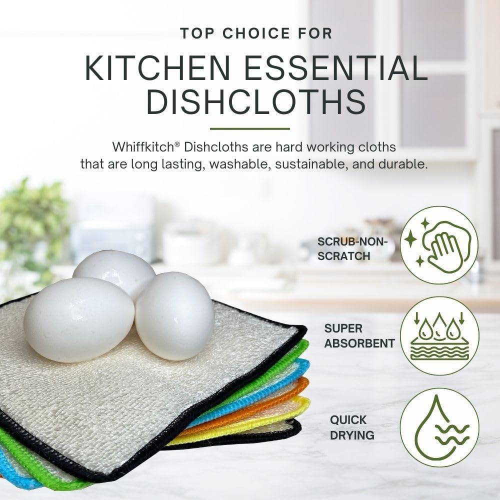 Whiffkitch Bamboo Dishcloths for Kitchen and Multi Surface Cleaning, 6"x7" 6pk Set, Reusable, Washable, Scrub-Non-Scratch, Extra Absorbent, Quick Drying, Eco Friendly Rags, Household Essential Cloths