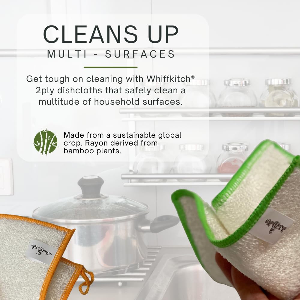 Whiffkitch Bamboo Dishcloths for Kitchen and Multi Surface Cleaning, 6"x7" 6pk Set, Reusable, Washable, Scrub-Non-Scratch, Extra Absorbent, Quick Drying, Eco Friendly Rags, Household Essential Cloths