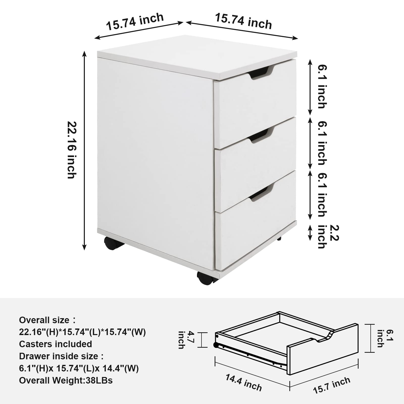 Sunon 3-Drawer Vertical Filing Cabinet Rolling Wood Mobile File Cabinets Under Desk for Home Office with Casters (White, Non-Assembled)