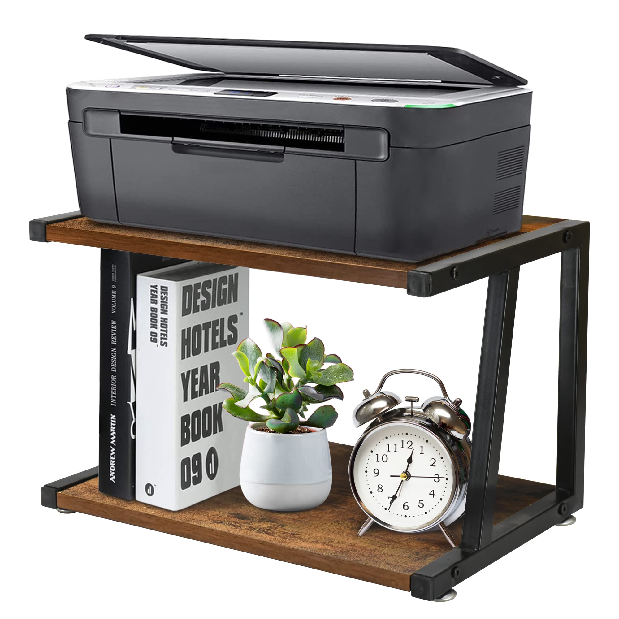 DORAMII Rustic Wood Printer Stand and Desktop Organizer, Desktop Printer Storage with Shelf, 2-Tier Wood Home and Office Printer Rack, Desktop Printer Stand with Metal Frame