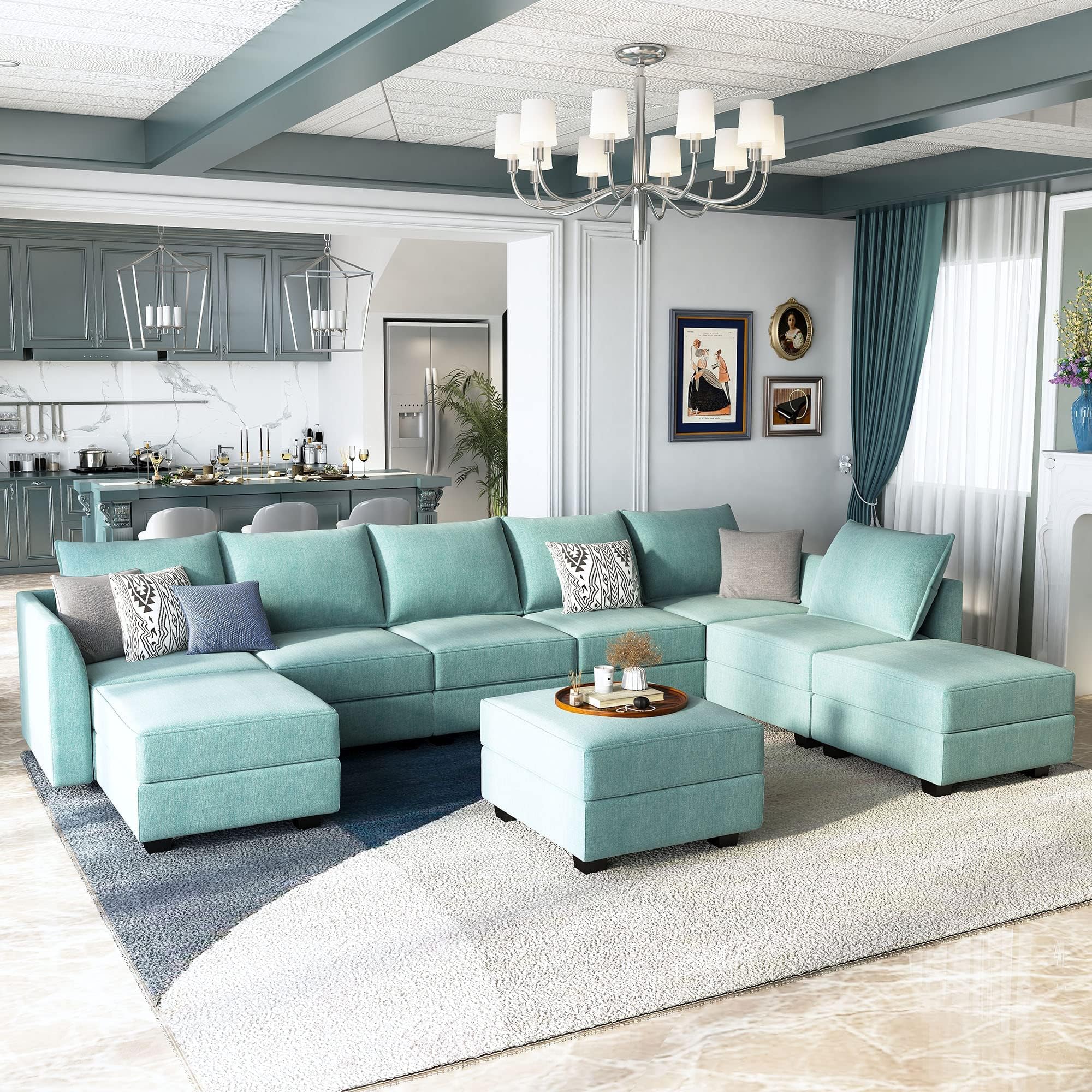 HONBAY Oversized Modular Sectional Sofa with Storage Reversible Sectional Couch Modular Sofa with Chaise U Shaped Sectional Set with Ottoman for Living Room, Aqua Blue