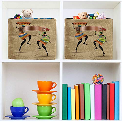 ALAZA Decorative Basket Rectangular Storage Bin, Tribal Ethnic African Women Organizer Basket with Leather Handles for Home Office