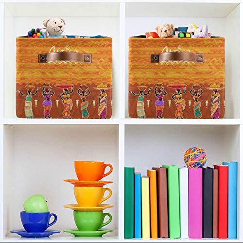ALAZA Decorative Basket Rectangular Storage Bin, Ethnic African Woman Organizer Basket with Leather Handles for Home Office