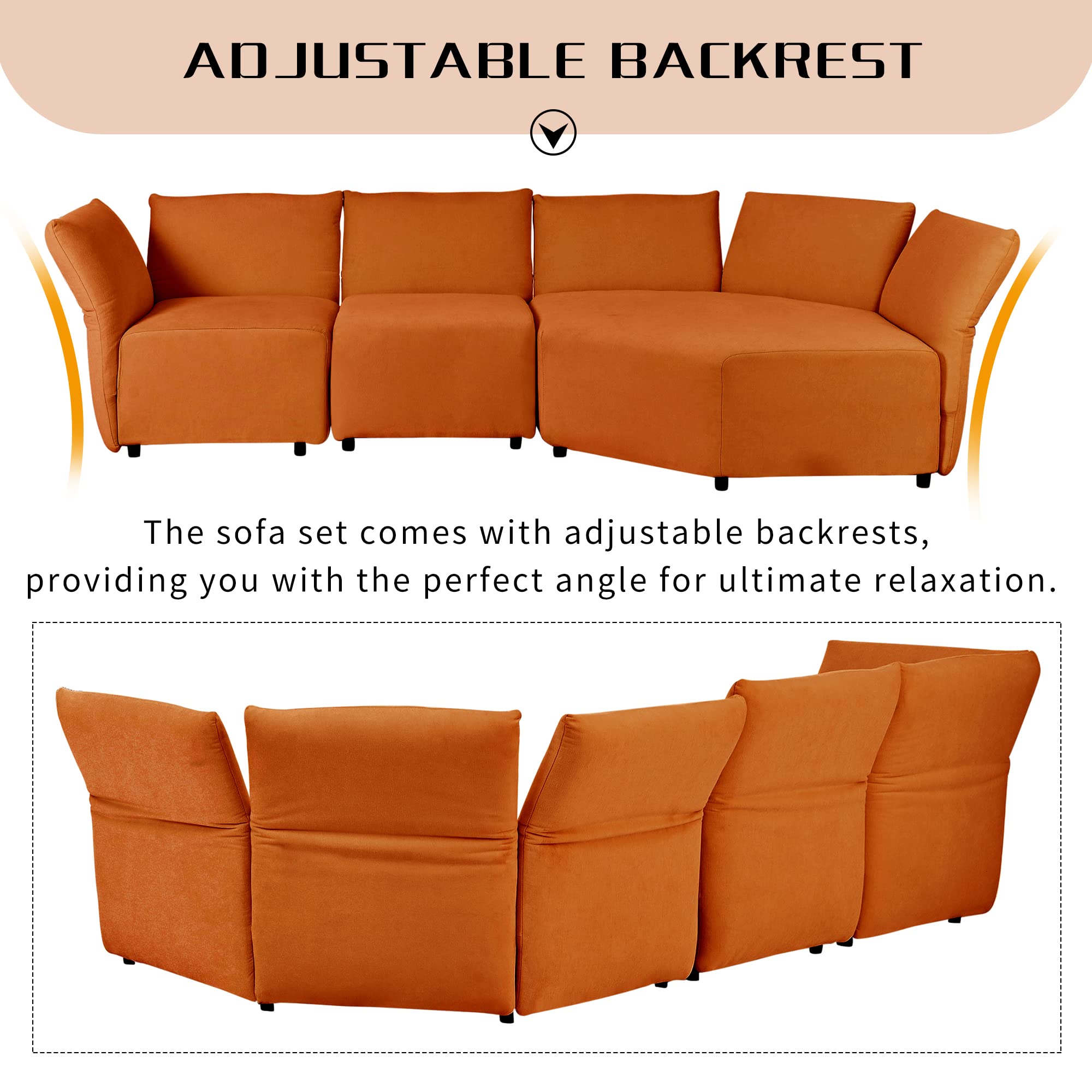 Verfur 106.3" Free Combination Curved Adjustable Backrest, 4-Seater Modular Sectional, Confy Upholstery Convertible Corner Sofa & Couches for Living Room, Office, Apartment, Orange