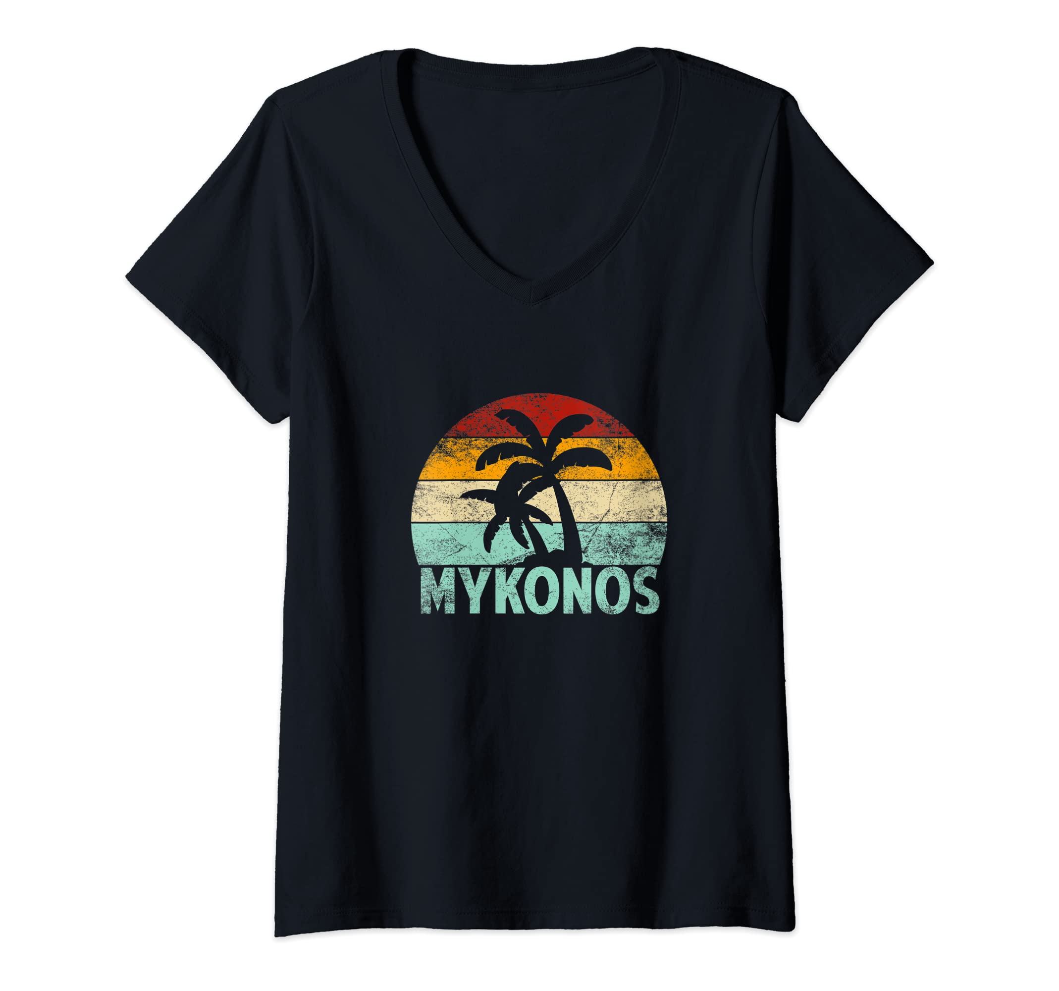 Womens Mykonos Greece Vintage 70s 80s Throwback Vacation Holiday V-Neck T-Shirt