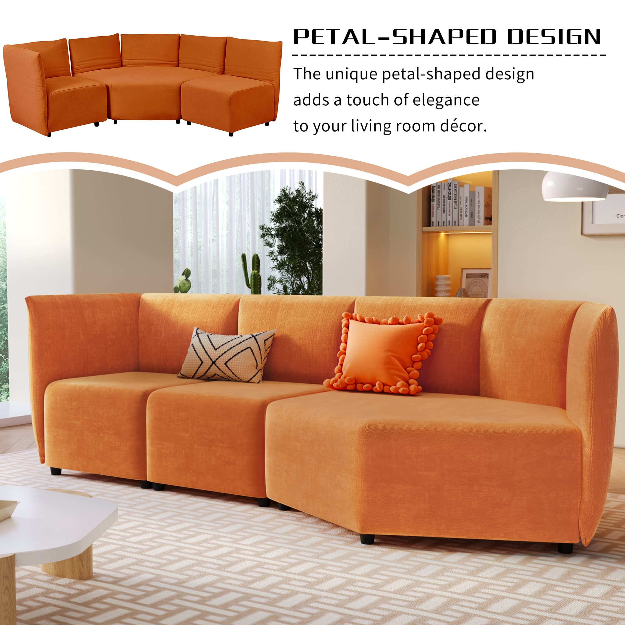 Verfur 106.3" Free Combination Curved Adjustable Backrest, 4-Seater Modular Sectional, Confy Upholstery Convertible Corner Sofa & Couches for Living Room, Office, Apartment, Orange