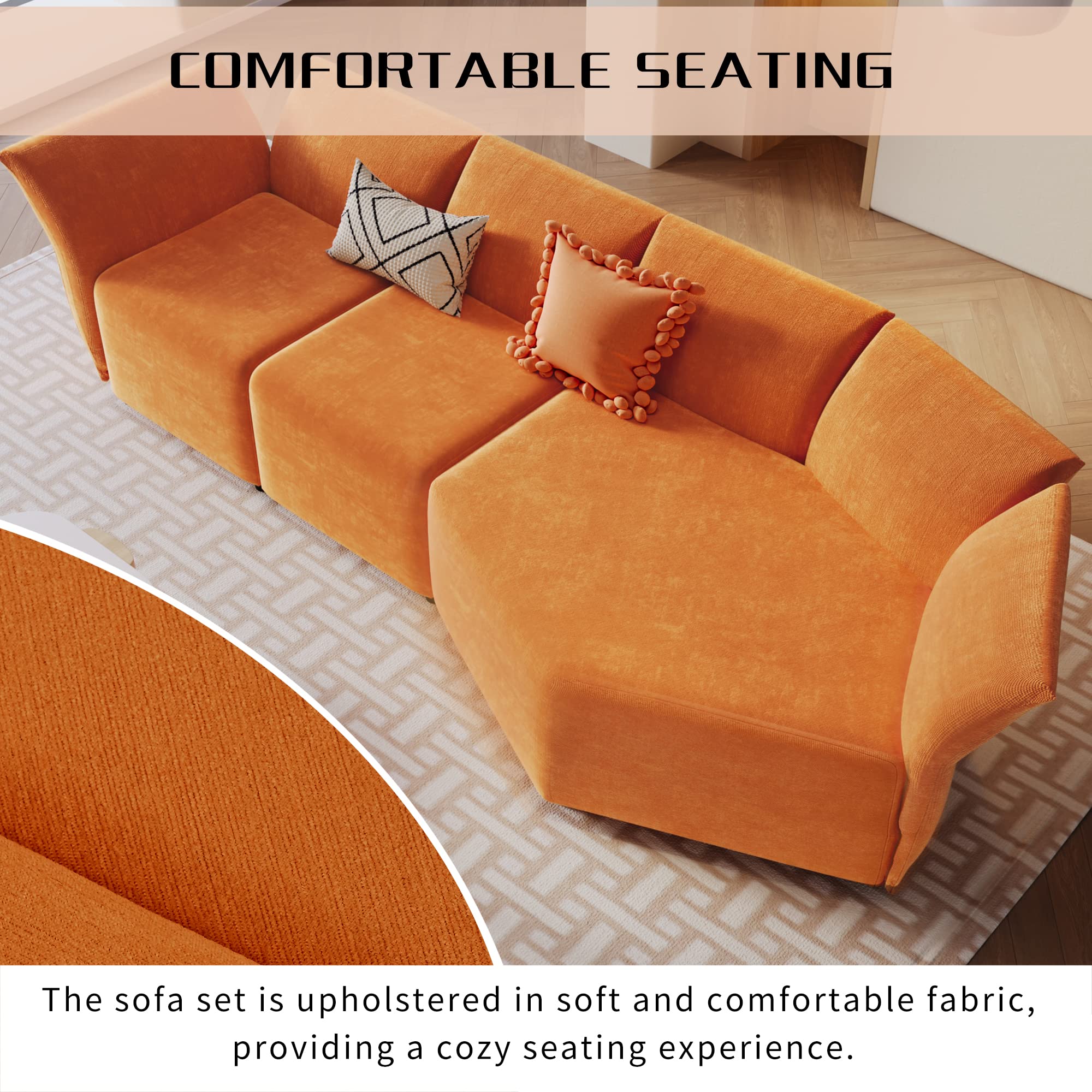 Verfur 106.3" Free Combination Curved Adjustable Backrest, 4-Seater Modular Sectional, Confy Upholstery Convertible Corner Sofa & Couches for Living Room, Office, Apartment, Orange