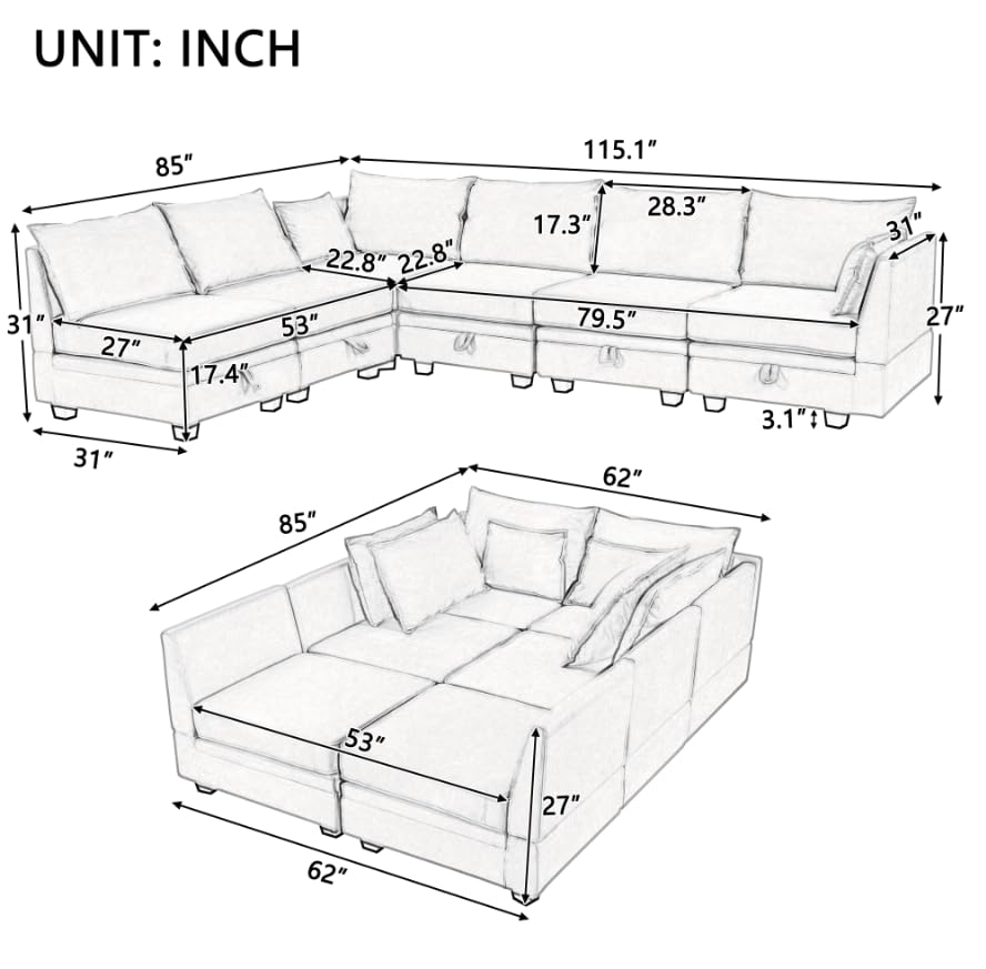 JUSTONE Modular Sectional Sofa with Storage Seat Oversized U Shaped Modular Couch with Reversible Chaise Sectional Sleeper Sofa with Ottoman for Living Room,Dark Gray