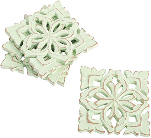 Farmhouse Decor Wood Coasters for Drinks - Kitchen Table Drink Coaster Set of 4 (Square Carved Blossom Sage Green)