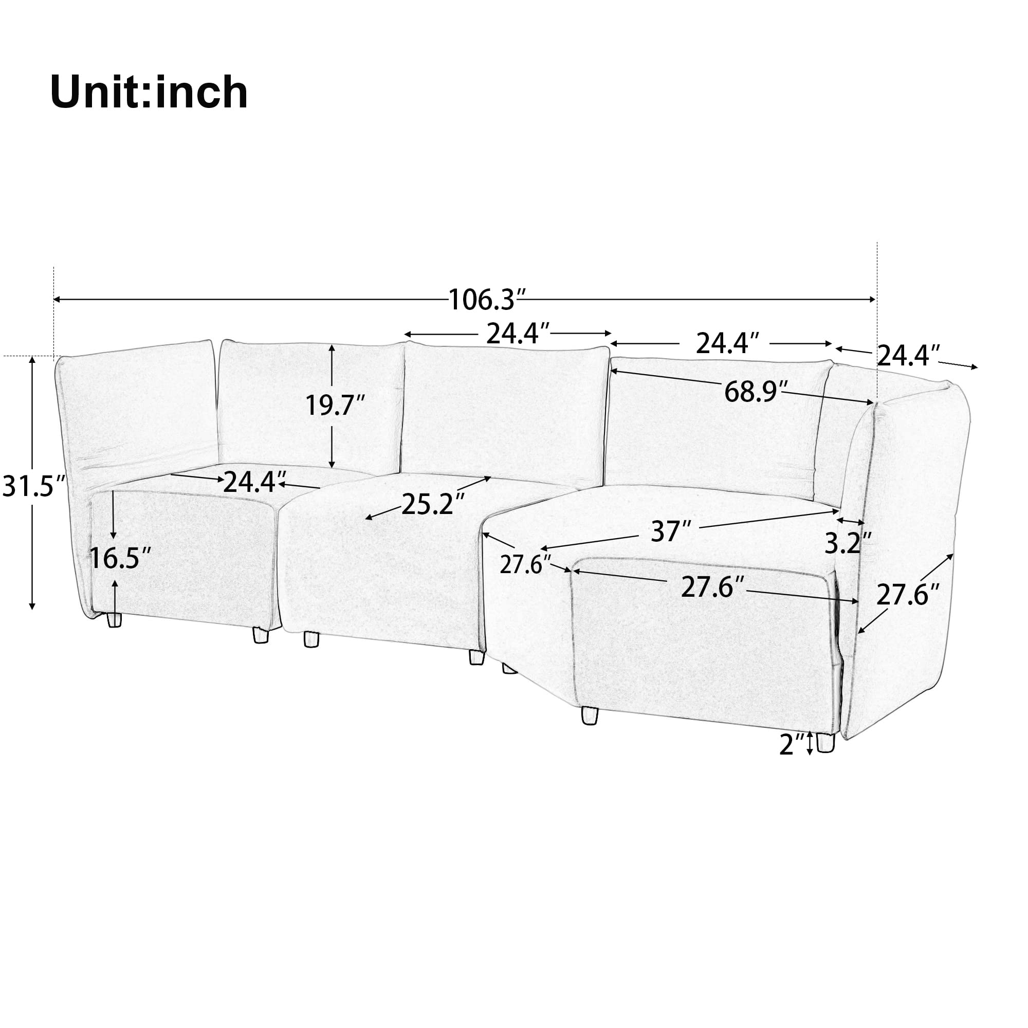 Verfur 106.3" Free Combination Curved Adjustable Backrest, 4-Seater Modular Sectional, Confy Upholstery Convertible Corner Sofa & Couches for Living Room, Office, Apartment, Orange