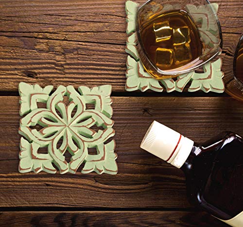 Farmhouse Decor Wood Coasters for Drinks - Kitchen Table Drink Coaster Set of 4 (Square Carved Blossom Sage Green)