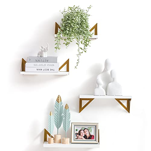 Titanape White Floating Shelves for Bedroom Living Room Decor Aesthetic, Solid Wood Wall Mounted Shelves with Gold Brackets for Bathroom Kitchen Storage Bookshelf for Wall Office Decor