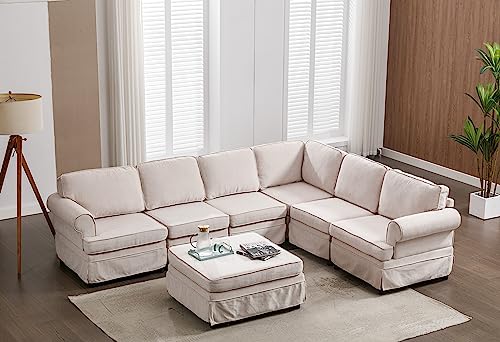 Merax 108.6" Fabric Upholstered Sectional Sofa,Modular Customizable Couch with Removable Ottoman for Living Room,Linen L U Shaped, Beige