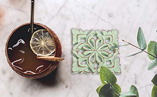Farmhouse Decor Wood Coasters for Drinks - Kitchen Table Drink Coaster Set of 4 (Square Carved Blossom Sage Green)