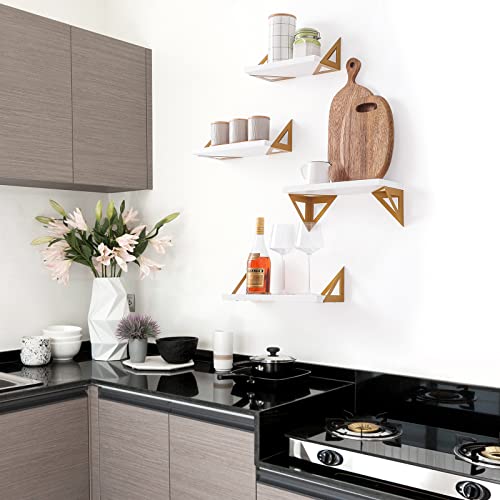 Titanape White Floating Shelves for Bedroom Living Room Decor Aesthetic, Solid Wood Wall Mounted Shelves with Gold Brackets for Bathroom Kitchen Storage Bookshelf for Wall Office Decor