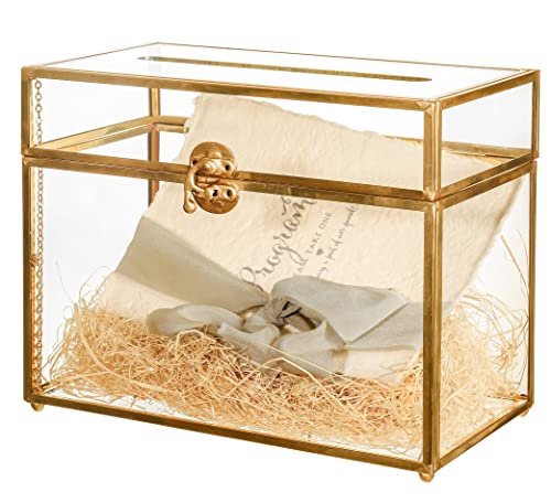 NCYP Wedding Glass Card Box with Slot (9.9x5.6x7.7 Inches) Handmade Vintage Rectangle Gold Card Holder for Wedding Reception, Keepsake, Birthday Party Centerpiece, Decor Terrarium Gift (Glass Box Only)