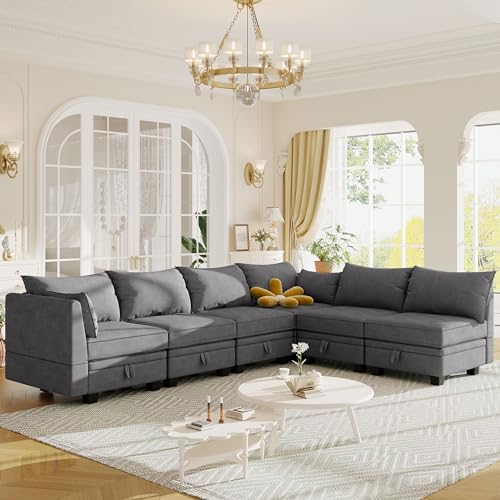 JUSTONE Modular Sectional Sofa with Storage Seat Oversized U Shaped Modular Couch with Reversible Chaise Sectional Sleeper Sofa with Ottoman for Living Room,Dark Gray